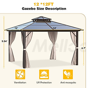 MELLCOM 12'x12' Hardtop Gazebo with Polycarbonate Double Roof, Aluminum Frame Outdoor Gazebo Permanent Pavilion with Curtains and Netting for Patio, Lawn & Garden
