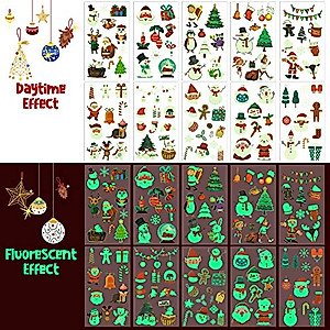 Christmas Temporary Tattoo Stickers, Luminous Xmas Tattoo Decal for Kids, Glow in the Dark Waterproof Fake Tattoos for Gift (10 Sheets)