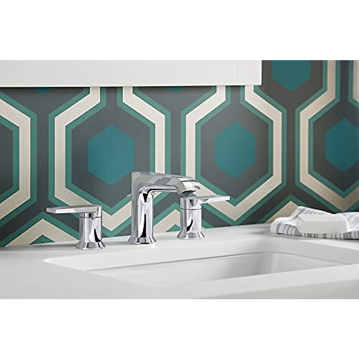 KOHLER 97093-4-CP Hint Widespread Bathroom Faucet with Pop-Up Drain Assembly, 3 Hole 2-Handle Bathroom Sink Faucet, 1.2 gpm, Polished Chrome