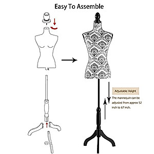 HAORUI Mannequin Torso Female Dress Form Pinnable Mannequin Body for Display with Height Adjustable Sturdy Tripod Stand , Black Flower