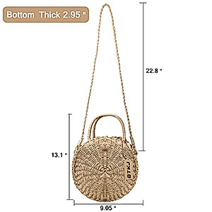 QTKJ Mini Beach Round Rattan Straw Bag, Summer Hand Woven Bali Straw Tote Crossbody Handbag for Womens, Round Handle Beach Handbags (Khaki)