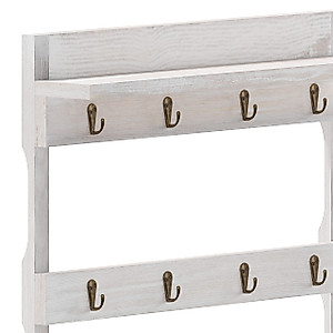 Merrick Lane Steeley Wooden Wall Mount 12 Cup Mug Rack Organizer with Upper Storage Shelf and Metal Hanging Hooks with No Assembly Required, Whitewashed