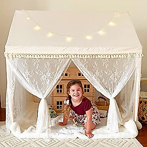 HAN-MM Kids Play Tent Large Playhouse with Mat/Star Light/Star Garland/Tassel Macrame Boho Style Indoor&Outdoor Play Tent for Kids, Neutral Color, 52x35x52, Lace Tassel