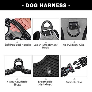 PHOEPET No Pull Dog Harness Medium Reflective Front Clip Vest with Handle,Adjustable 2 Metal Rings 3 Buckles,[Easy to Put on & Take Off](M, Grey)
