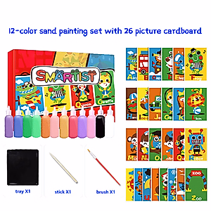Sand Painting Art Kit with 26 Sheets of Various Alphabet A-Z Word Picture Cards & 12 Bottles of Colorful Sands, Preschool DIY Toys Educational Creative Activity Practice Craft Set for Kids