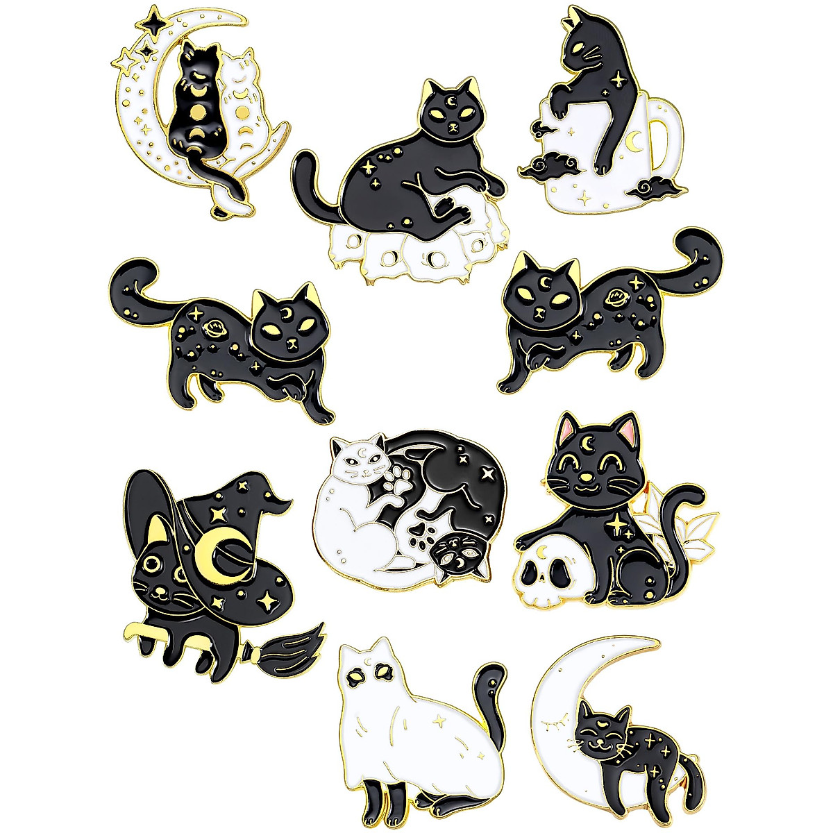 10 Pieces Cat Pins Cute Brooch Pin Set Kawaii Cat Backpack Pin Black Cat Book Brooch Gothic Aesthetic Cat Buttons for Backpacks Clothing Bags Lapel Jackets for Women Men DIY Presents