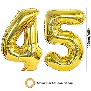Ceqiny 40 Inch 45th Number Balloon Mylar Balloon Giant Balloon Alphabet Foil Balloon for Birthday Party Wedding Bridal Shower Engagement Photo Shoot Anniversary Decoration, Gold Digit 45 Balloon