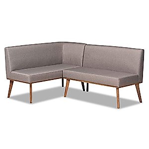 Baxton Studio Odessa Corner Sofa Bench Grey Fabric Upholstered and Walnut Brown Finished Wood 2-Piece Dining Corner Sofa Bench