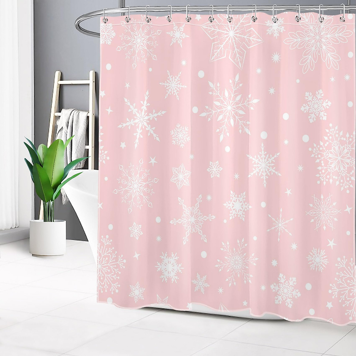 LB Pink Christmas Shower Curtain for Bathroom, Winter Snowflake on Pink and White Fabric Shower Curtain with Hooks, New Year Holiday Bathroom Curtain Shower Set, 72" W x 78" L