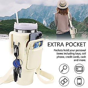UQM Water Bottle Carrier Bag for Stanley 40 Oz Tumbler with Handle, Water Bottle Holder with Adjustable Shoulder Strap, Stanley Cup Accessories for Hiking Travelling Camping (Cream)