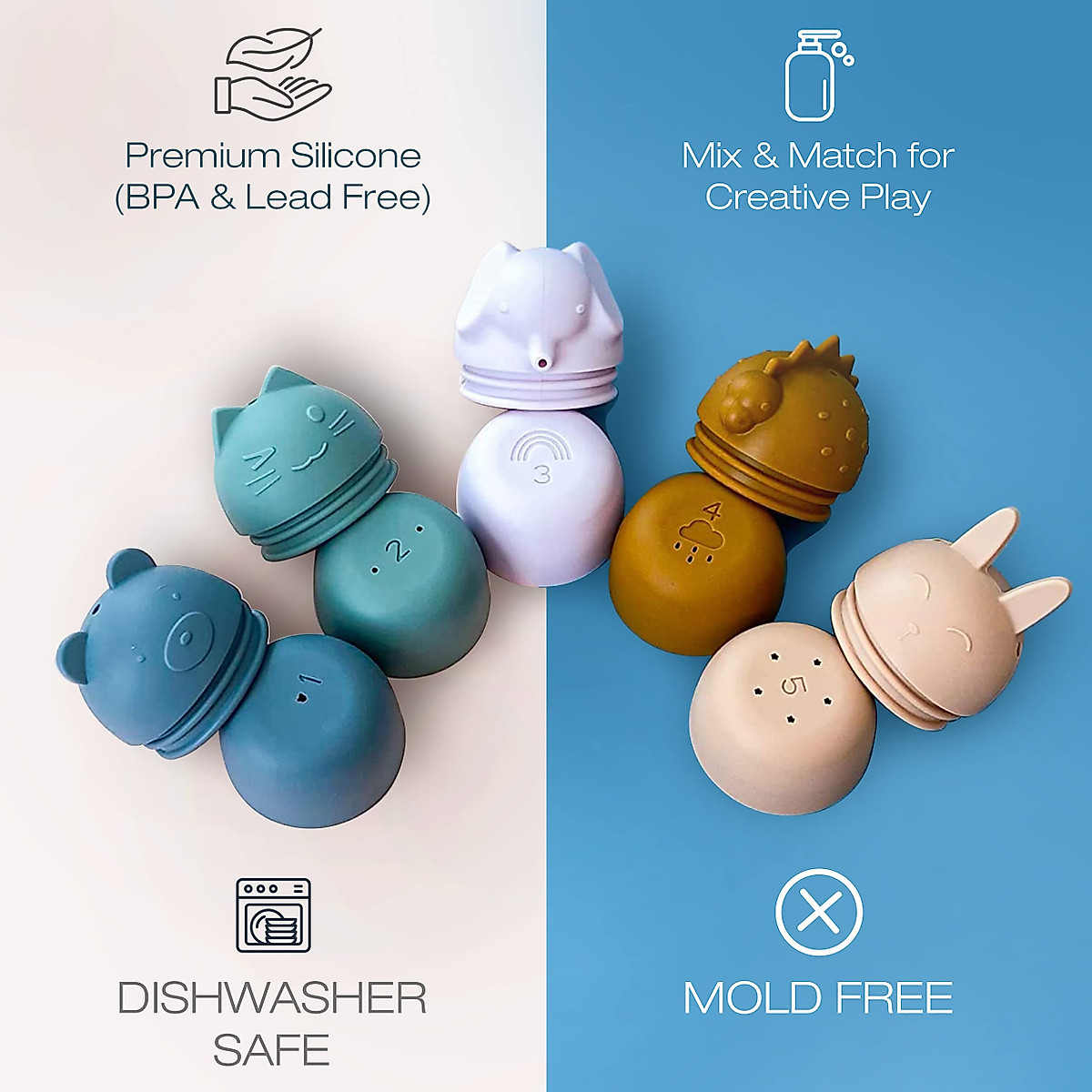 Petite Bee - Silicone Bath Toys Squirt Animals Montessori for Baby Toddlers | Easy to Clean, Pool Toy, Toddler Tub Toys | Shower Accessories (5-Pack)