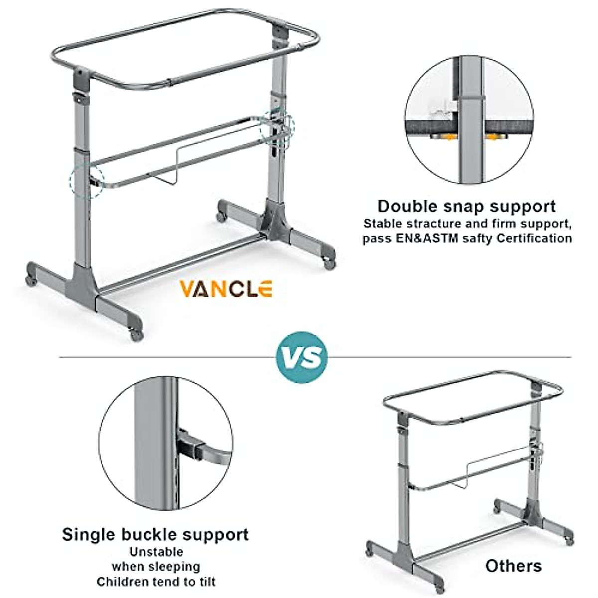 VANCLE Baby Bassinet Bedside Crib for Baby Sleeper, Portable Mesh Bassinet with Wheels & Comfy Mattress, Height Adjustable Baby Bed for Infants & Newborn Baby Boy & Girl (Grey)