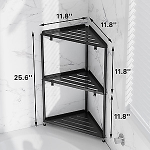 Kawaiita Corner Shower Caddy Stand, 3 Tier Floor Shower Organizer Stands for Inside Shower, Bathtub, Bathroom Corner Shower Shelf Rack with Adjustable Feet & 4 Hooks, Metal, Matte Black
