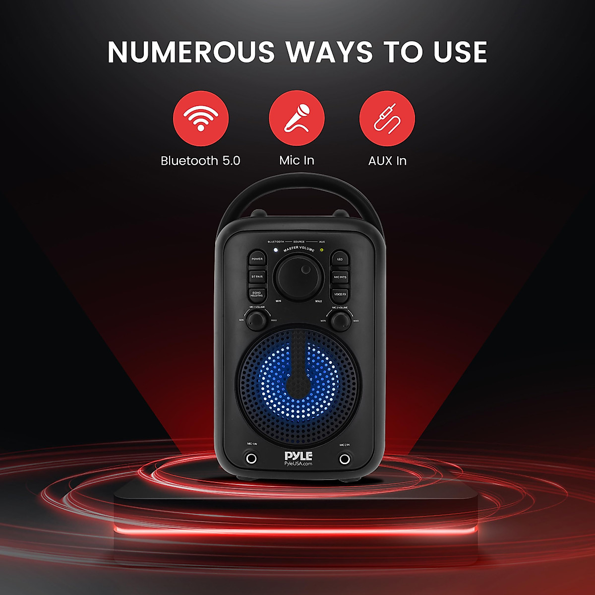 Pyle 4” Wireless BT Streaming Speaker - Portable Audio Speaker, with Two Microphones and Stand to Put Mobile Phone, 5.0 Bluetooth, Big Bass & Clear Sound, MP3, Classic Karaoke SystemP