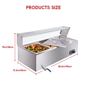 Fashionwu Commercial Grade Stainless Steel Food Warmer, Countertop Steam Table Food Warmer with Tempered Glass Shade Temperature Control for Parties, Catering, Restaurants, 3 x 12QT