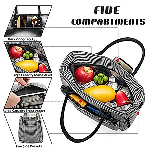 Lunch Bag for Women, Insulated Lunch Box for Work, Large Leakproof Cooler Purse with Side Pockets & Removable Shoulder Strap Women's Lunch Tote Bag for Picnic Work Beach(Stripe)