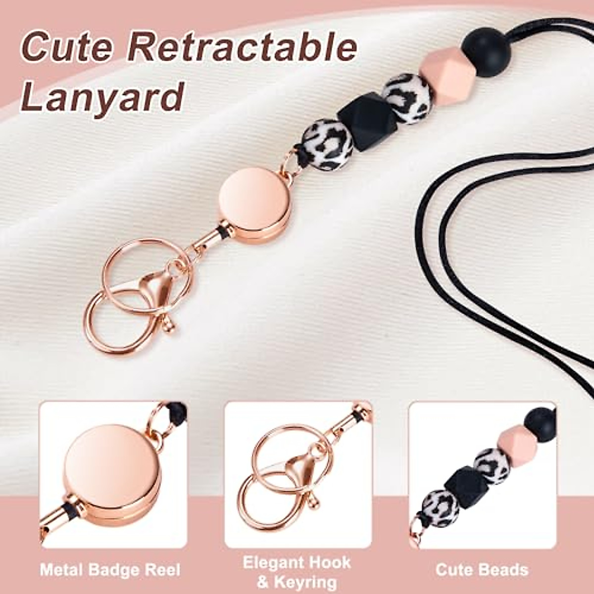 kioooki Rectractable Lanyards for ID Badges and Keys with ID Holder, Cute Beaded Teacher Lanyard with Badge Reel, Breakaway Cruise Lanyard for Women with 6 Clear Badge Holders