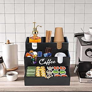 Disposable Coffee Cup Holder Dispenser with Drawer, 6 Compartments Coffee Bar Accessories Organizer for Cup Lid Sleeve Pods Syrup, Wood Coffee Station Organizer Paper Cup Dispenser
