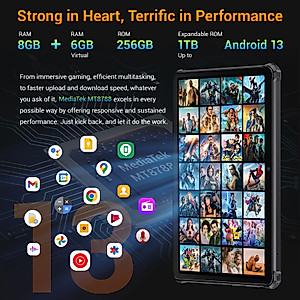 OUKITEL RT6 Rugged Tablet Android 13,20000mAh Long Lasting Battery,14GB+256GB (1TB Expandable),10.1”FHD+ Screen,16MP+16MP Camera Outdoor Tablet PC with Detachable Stand,4G Dual SIM/5G WiFi(Orange)