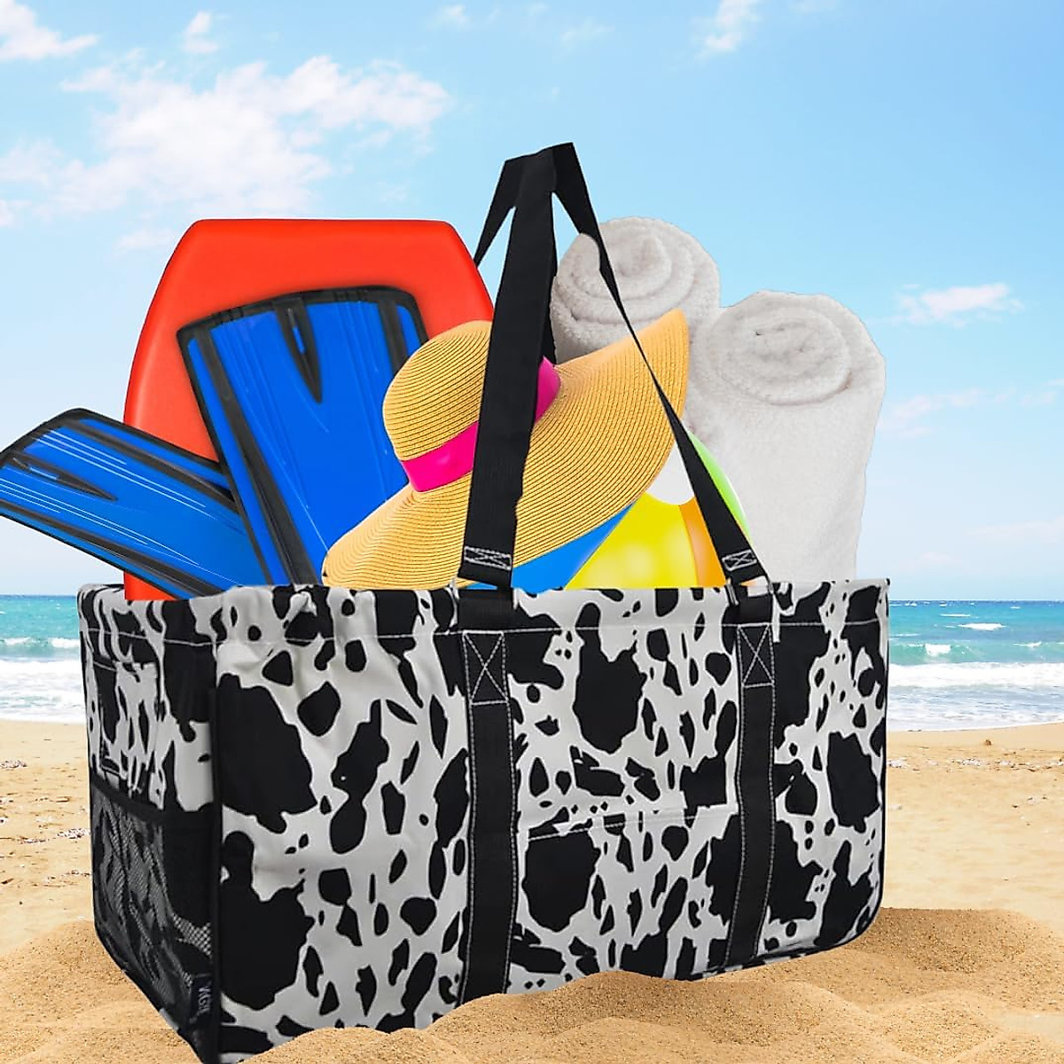 NGIL Extra Large Utility Tote Reusable Grocery Organizing Bag Oversized Collapsible for Storage, Picnic,Car, Beach (Cow Splatter Print-black)