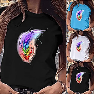 wodceeke Women's Summer Tops Short Sleeve Round Neck Feather Print Basic Tee Casual Loose Solid Color Top (White,M)