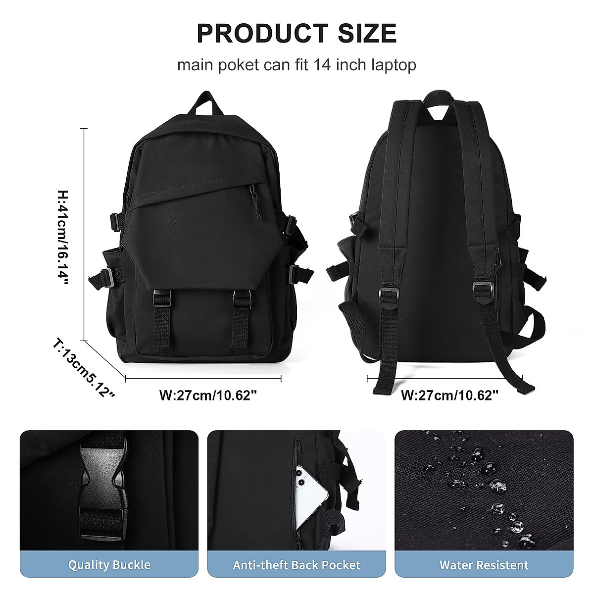 School Backpack Waterproof Black Bookbag College High School Bags For Boys Girls Lightweight Travel Rucksack Casual Daypack Laptop Backpacks For Men Women