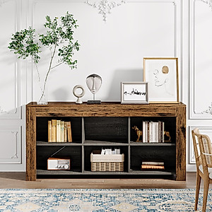 Tribesigns Horizontal Bookcase, Industrial 6 Cubes Storage Organizer Long Bookshelf, Rustic Wood Low Bookshelf Wide Cubby Bookcase for Home Office, Living Room