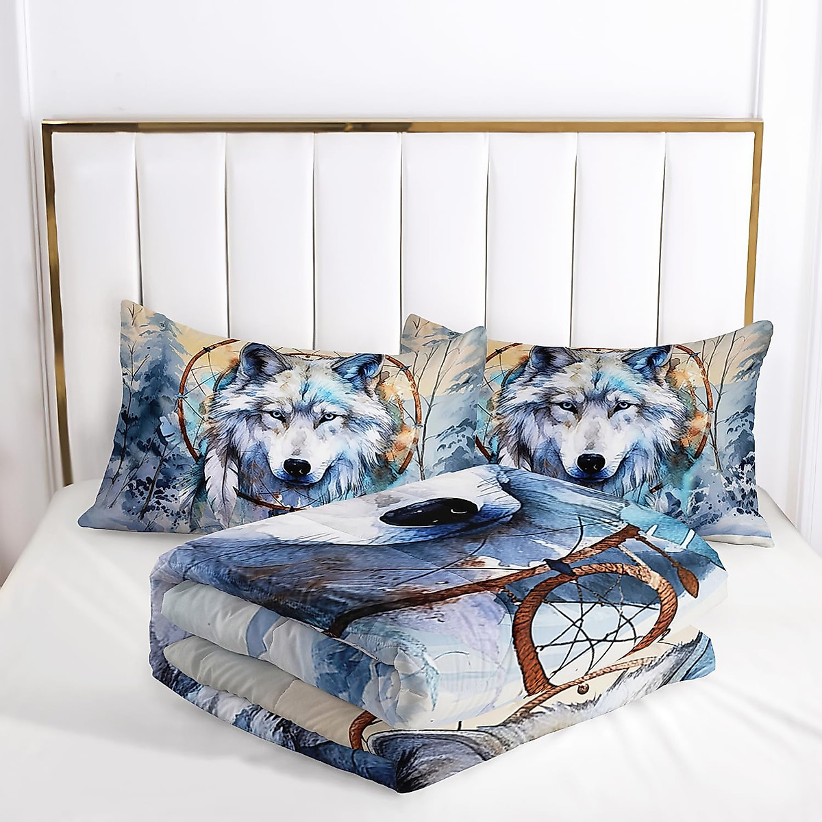 AILONEN Wolf Comforter Set - Full Size, Snow Wolf Bedding Set, Dream Catcher Comforter, Wild Animal Duvet - 3 Pieces, 1 Quilt and 2 Pillowcases