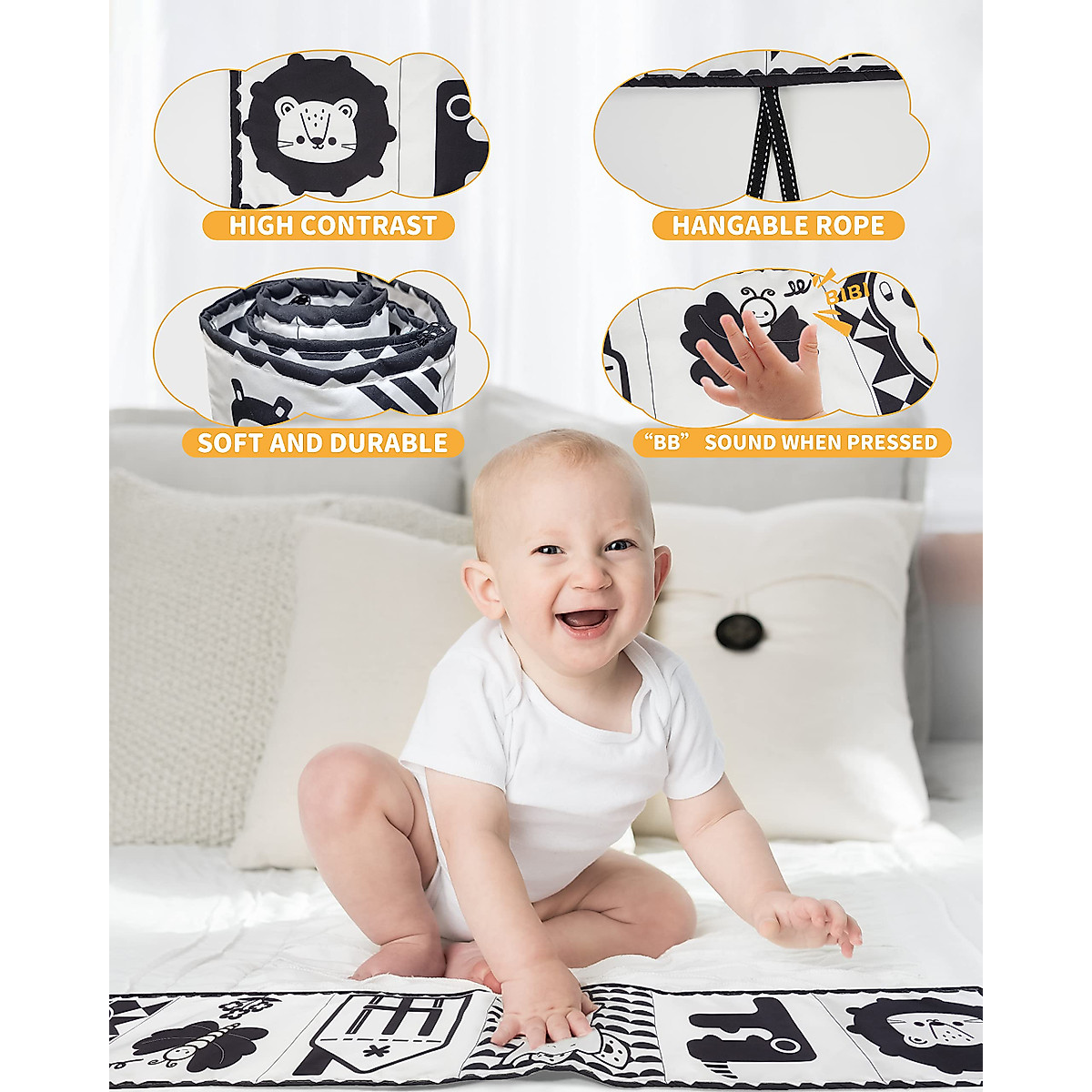 High Contrast Baby Toys, Infant Tummy Time Cloth Book Crib Toys, Black and White Baby Soft Book for Infants Boys and Girls Early Education