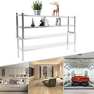 HuaShuani Double Tier Stainless Steel Overshelf, 12 * 71in Commercial 2 Tier Shelving for Kitchen Prep & Work Table, Height Adjustable Storage Rack for Restaurant Warehouse Bar
