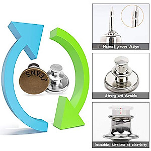 TOOVREN Upgraded 8 Sets Button Pins for Jeans Pants, No Sew Perfect Fit Jean Button Tightener Replacement Adjustable Reusable Metal Clips Snap Tack, Instant Reduce Too Big Pants Waist