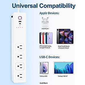 USB C Power Strips 65W, 4 Wide Outlets Power Bar, 5Ft Braided Extension Cord Flat Plug, Overload Surge Protection, Desk Charging Station for Office Home