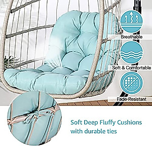 Patiorama Indoor Outdoor Egg Swing Chair with Stand, Patio Beige Wicker Rattan Hanging Chair with Rope Back, Cushion,Cover,All Weather Foldable Hammock Chair for Bedroom, Garden (Tiffany Blue)