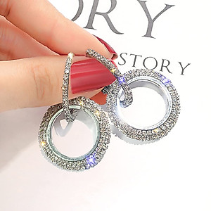 Fashion Rhinestone Double Circle Hoop Earrings Drop Studs for Women (Silver)