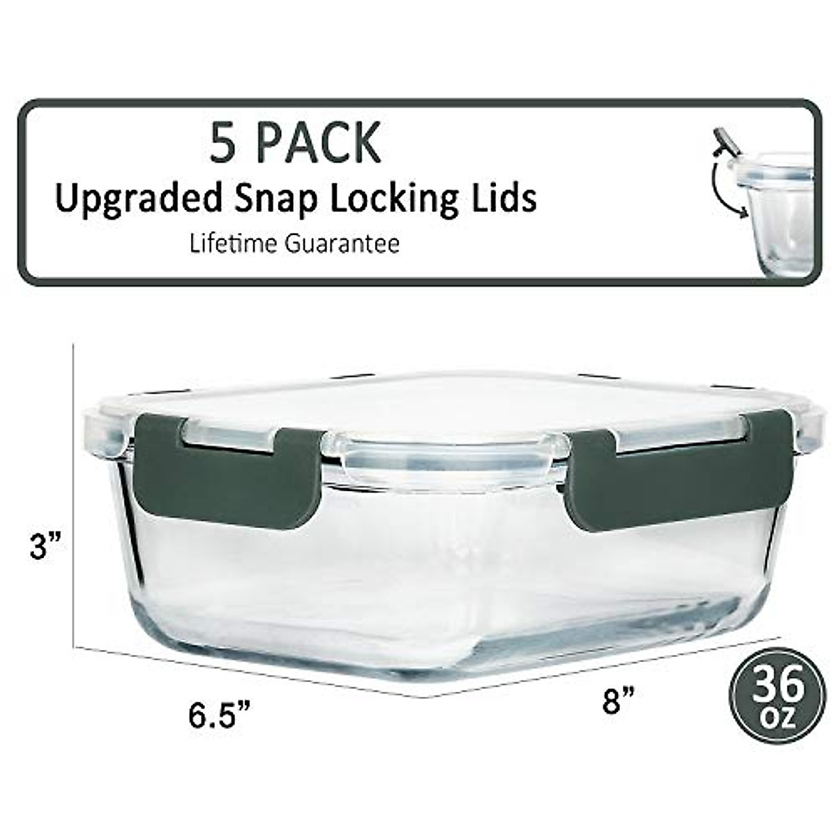 M MCIRCO [5-Packs, 36 Oz.] Glass Meal Prep Containers with Lifetime Lasting Snap Locking Lids Glass Food Containers,Airtight Lunch Container,Microwave, Oven, Freezer and Dishwasher (4.5 Cup)