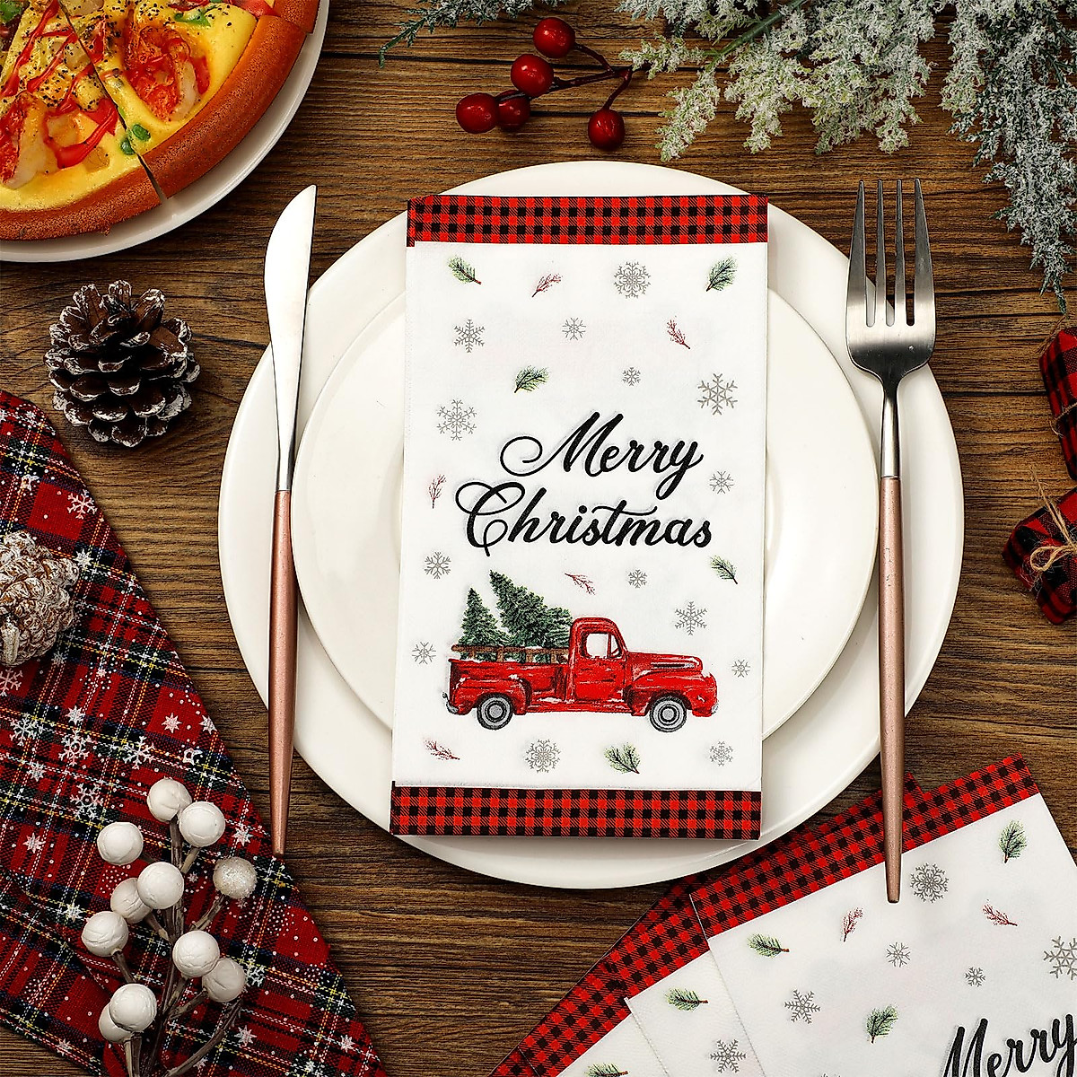 Geyoga 200 Pcs Guest Napkins 2 Ply Bathroom Paper Napkins Disposable Hand Towels for Christmas Xmas Thanksgiving Party Supplies Dinners Kitchen Decor(Christmas Truck)