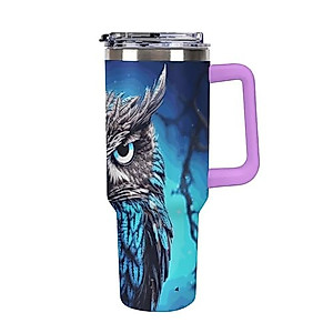 LLUTSNTH 40 Oz Vacuum Tumbler with Violet Handle Leakproof Insulated Tumbler Blue Owl Stainless Steel Travel Mug with Lid And Straw Coffee Cup Cute Water Bottles Cup Holder Friendly