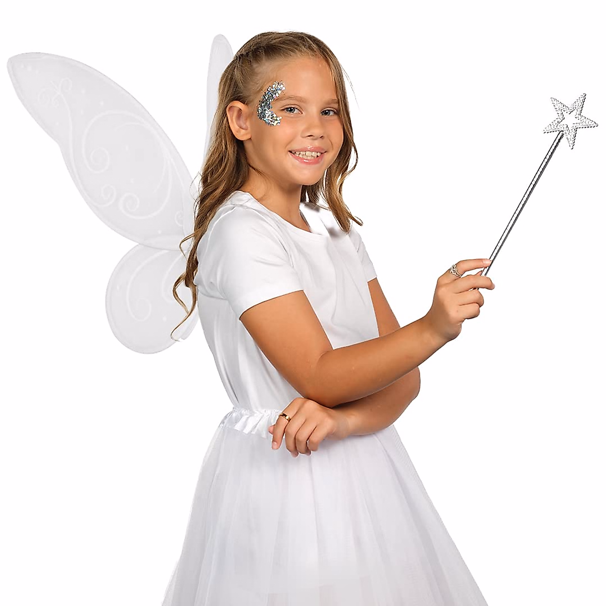 Funcredible Fairy Costume Accessories - White Fairy Wings and Fairy Star Wand, Glitter - Tooth Fairy Cosplay Outfit for Women and Girls