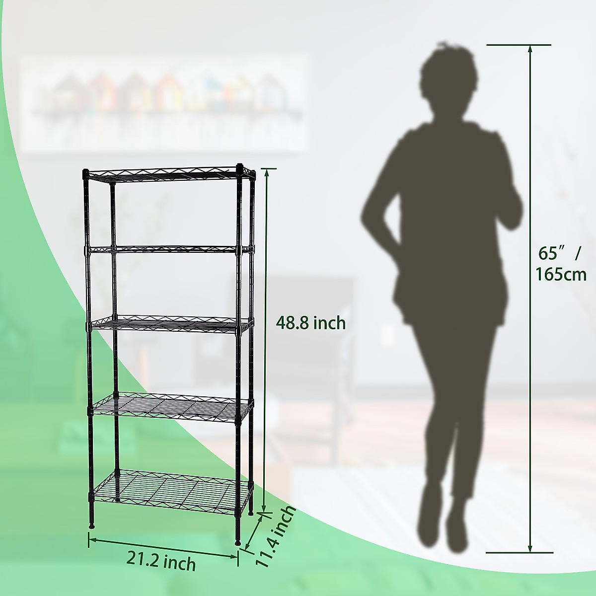 HESESOH 5-Wire Shelving Adjustable Shelves, Standing Storage Shelf for Laundry Bathroom Kitchen Pantry Closet Organization (Glossy Black, 21.2" L x 11.4" W x 48.8" H)