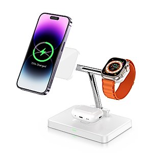 3 in 1 Wireless Charger for MagSafe, Foldable Charging Station for Multiple Apple Devices, Compatible with iPhone 15/14/13/12, Apple Watch, AirPods Pro/3/2 (Cable and Adapter Included) White
