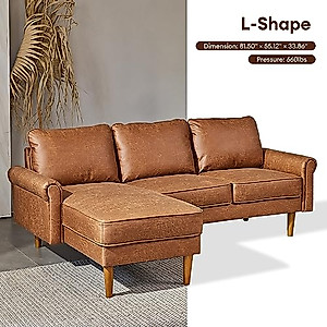 ovios Mid-Century Sectional Sofa, 81.5" L-Shape Sofa Couch with Chaise, Faux Leather Couch with Curved Arm and Solid Wood Legs for Living Room, Left Chaise, Brown