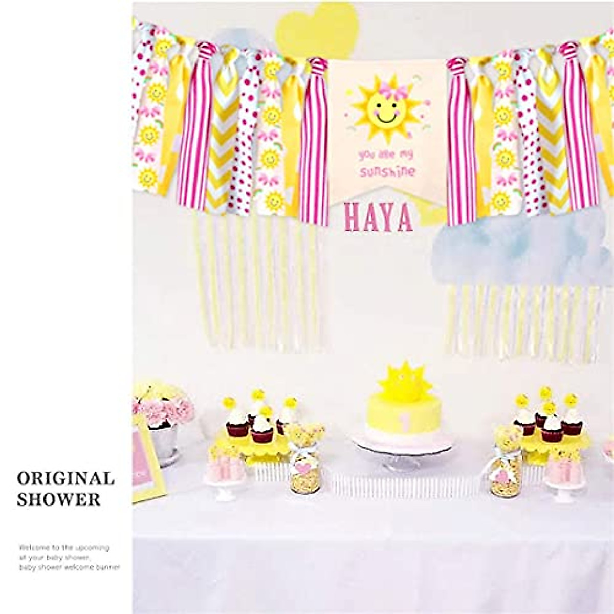 Sunshine Baby Shower Decorations Handmade You are My Sunshine Banner, Sunshine ONE Fabric Ribbon High Chair Banner- 1st Birthday Girls First Birthday Supplies (Sunshine Baby One Set)