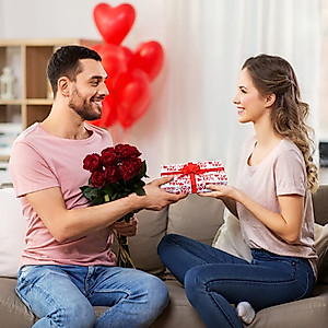 Valentine's Day Gift Wrap Paper,7 Sheets 7 Design Red White Pink Heart Wrapping Paper Set,Funny Love Wrapping Paper With 3-Color Ribbon For Adult Men Women Mothers Fathers Day Birthday Holiday Wedding