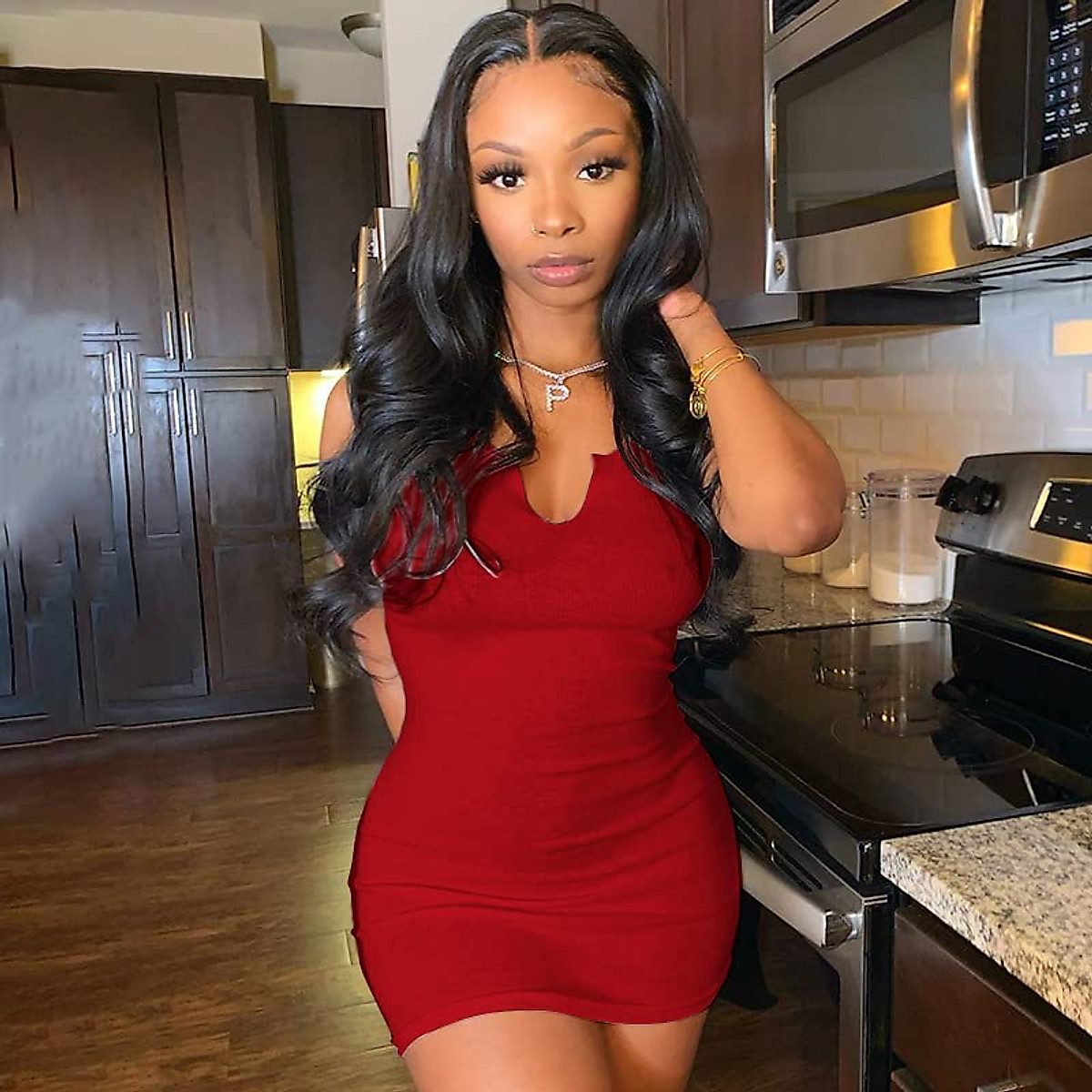 Women Sexy Bodycon Basic Tank Dress Ribbed Knitted Party Club Short Mini Dress Red XXL