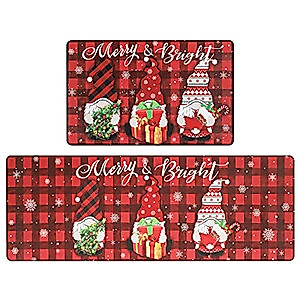 Pauwer Christmas Gnome Kitchen Rugs Set of 2, Farmhouse Red Buffalo Plaid Kitchen Floor Mat, Non Slip Anti Fatigue Kitchen Mats for Floor, Cushioned Kitchen Rug Set Christmas Winter Holiday Decoration