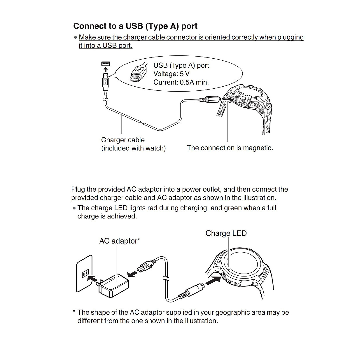 Charger Cable for Casio G-Shock G-Squad PRO GSW-H1000 and WSD-F21HR/WSD-F30/WSD-F20/WSD-F10/Protrek-WSD Series