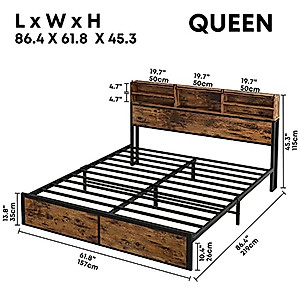 LIKIMIO Queen Bed Frame with Tall Boocase Headboard and Charging Station, Sturdy and No Noise Platform Bed, No Box Spring Needed, Easy Assembly, Vintage Brown