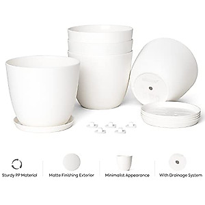 Mkono 4.5" Plastic Succulent Planters with Saucers, Indoor Set of 5 Nursery Pots Modern Flower Plant Pot with Drainage for All Small House Plants, Herbs, Foliage Plant, and Seedling, Cream White