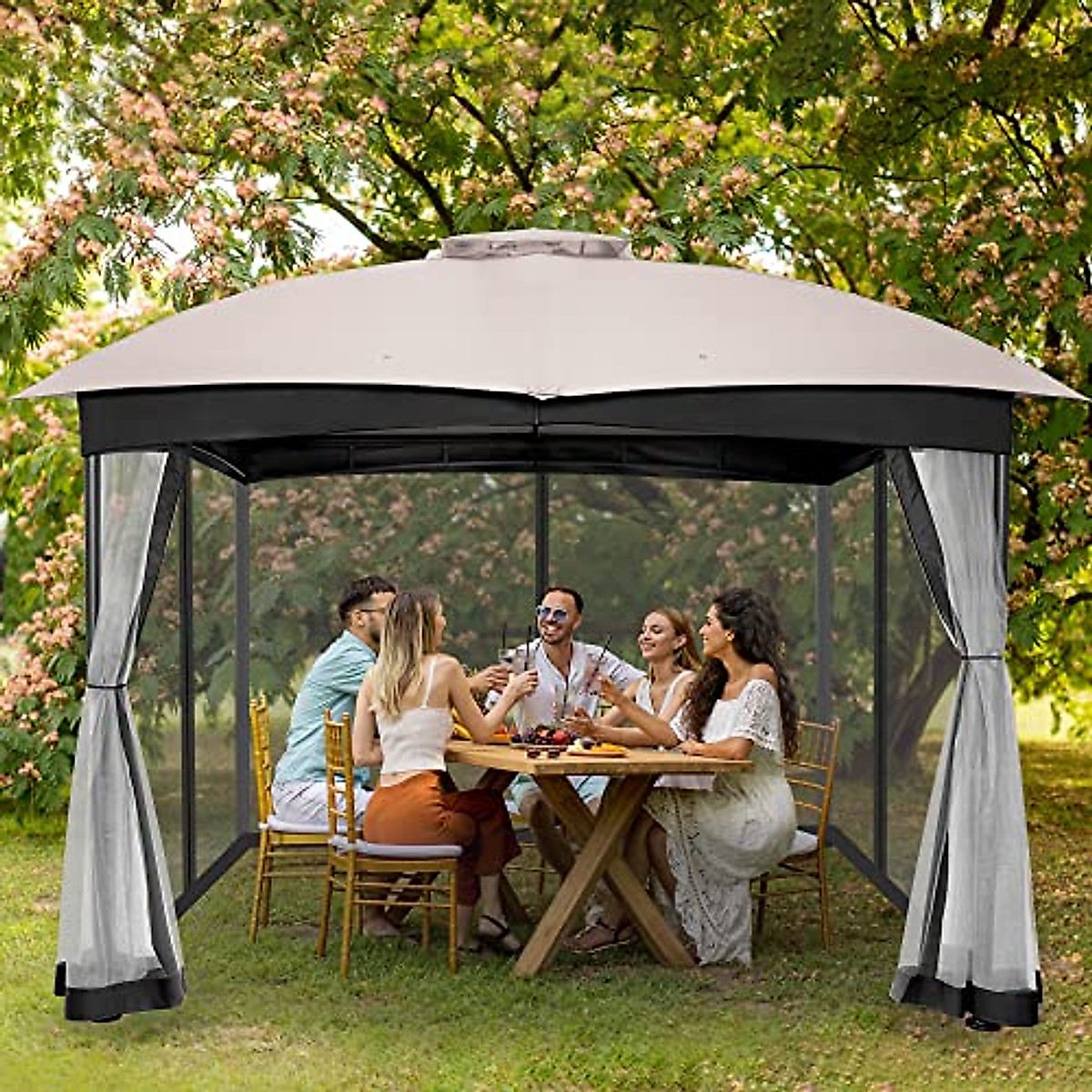 Gazebo for Patio, FAB BASED 10x12 Gazebo, Double Vent Canopy Gazebo, Outdoor Gazebo with Privacy Netting, Easy Setup Patio Pavilion with Steel Frame Strong Legs for Lawn, Backyard, Deck (Ash Grey)