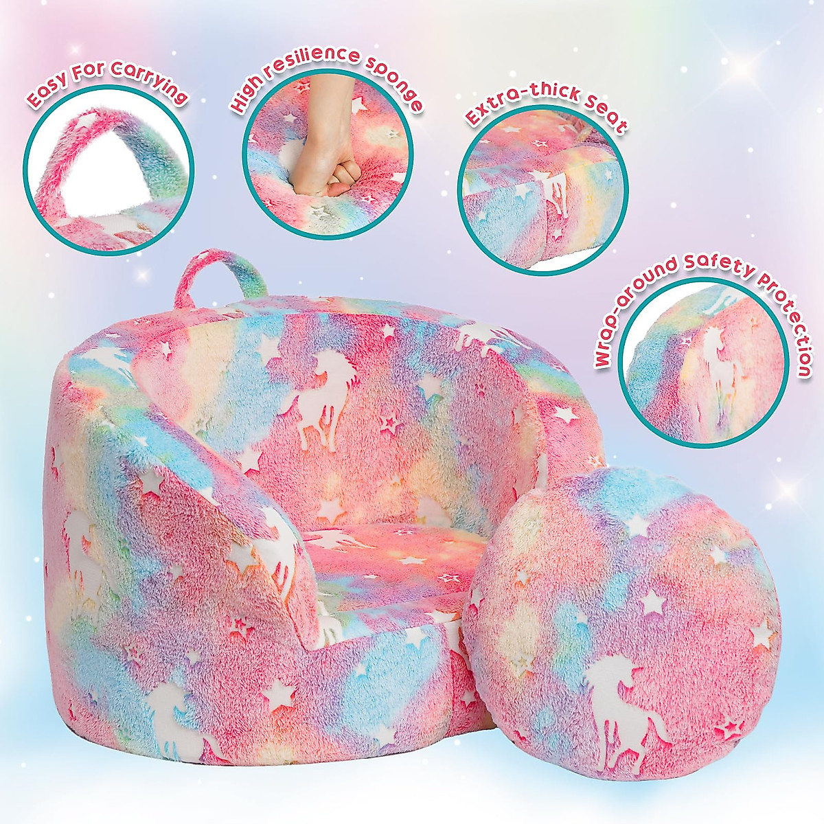 ALIMORDEN Snug-Arch Toddler Couch, Comfy Foam Baby Chair, Ergonomic Toddler Chair with a Snug Embrace Design for Boys and Girls, Unicorn